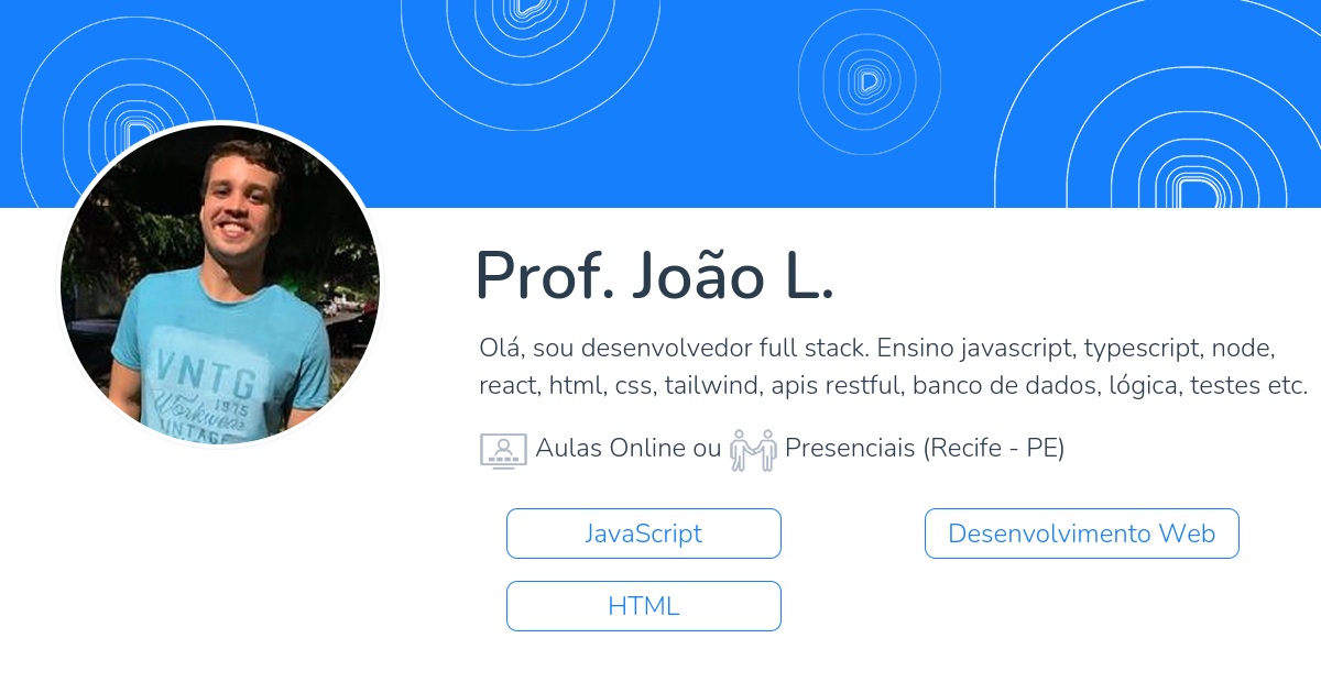 João L. - Olá, sou desenvolvedor full stack. Ensino... | Profes